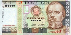 Billete de Banco: 100,000 Intis (Perú(1985-91 Issue) Wor:P-144Aa 💴