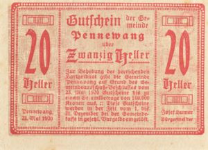 Banknote: 20 Heller (Austrian Notgeld(Pennewang) Jak:727b-20