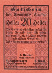 Banknote: 20 Heller (Austrian Notgeld(Traisen) Jak:1076-Ib-20