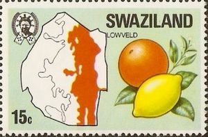Stamp: Map of Lowveld, orange and lemon (Swaziland) (Maps and produce ...