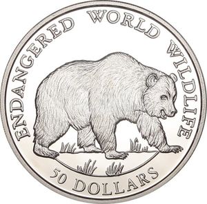 Coin: 50 Dollars (Grizzly Bear) (Cook Islands) (1990~2009 - Endangered ...