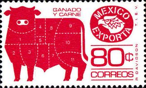 Stamp: Meat Cuts marked on steer (Mexico(Mexico Exports) Mi:MX 1491A,Sn ...