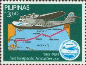 Stamp: China Clipper in flight, map of route (Philippines(1st ...