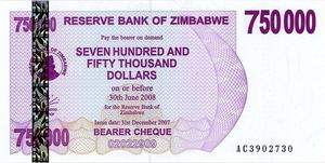 Banknote: 750,000 Dollars (Zimbabwe) (2006-2008 Emergency Bearer Checks ...