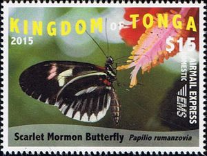 Stamp: Scarlet Mormon Butterfly (Papilio rumanzovia) (Tonga(Butterflies ...