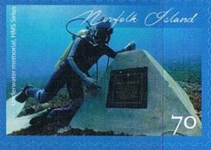 Stamp: Diver at Underwater Memorial, Wreck Site (Norfolk Island(225th ...