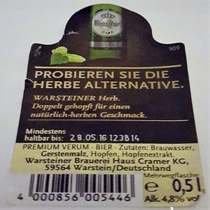 Drink Label: Warsteiner Premium Pilsener (Warsteiner Brauerei Haus ...