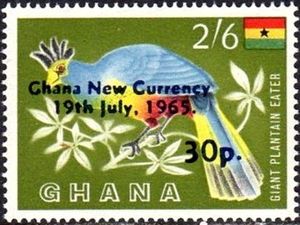 Stamp: Great Blue Turaco (Corythaeola cristata) - optd. & surch. (Ghana ...