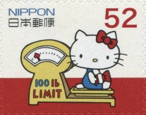 Stamp: HELLO KITTY measuring weight on a scale (Japan) (Greetings ...