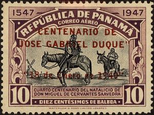 Stamp: Centenary of José Gabriel Duque 18 January 1949 -overprint ...