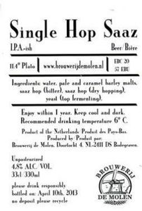 Drink Label: Single Hop Saaz (Brouwerij de Molen, NetherlandsCol:NL ...
