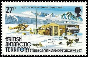 Stamp: D.H. Fox Moth at southern base, Barry Island (British Antarctic ...