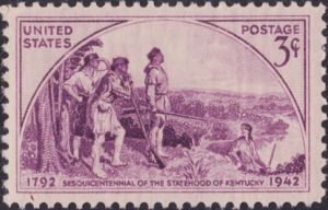 Stamp: 150 Years Kentucky Statehood, Daniel Boone and Three Frontie ...