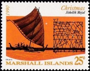 Stamp: Canoe, stick chart (Marshall Islands(Christmas 1990) Mi:MH 325 ...