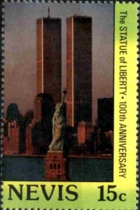 Stamp: Statue of Liberty and World Trade Centre, Manhattan (Nevis ...