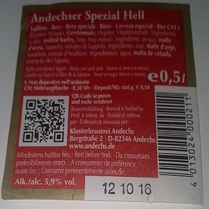Drink Label: Kloster Andechs Spezial Hell (Klosterbrauerei Andechs ...