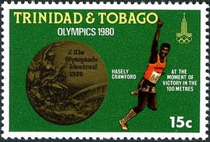 Stamp: Hasely Crawford (100m Sprint Winner, 1976) and Gold Medal ...