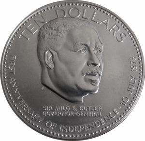 Moeda: 10 Dollars (Sir Milo B. Butler Governor General) (Bahamas ...