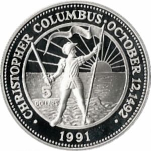 Coin: 5 Dollars (Columbus with flag and sword) (Bahamas(1989~1991 ...