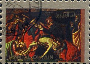 Stamp: Lamentation over Dead Christ, Botticelli (Umm al-Qiwain(The life of christ: paintings ...