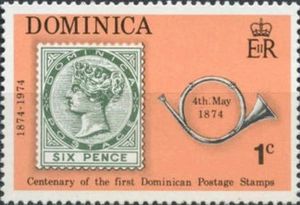 Stamp: 6d. stamp of 1874 and posthorn (Dominica(Centenary of Dominican ...