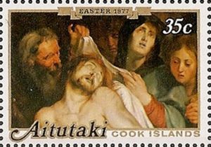 Stamp: Lamentation (Christ on the Straw, 1618) by Peter Paul Rubens (Aitutaki(Easter 1977 ...