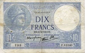 Banknote: 10 Francs (France(1937-1942 Issue) Wor:P-84a.24