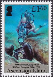 邮票: HMS Roebuck's ship bell (阿森松岛(300th Ann. Death of William Dampier ...