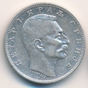 Münze: 1 Dinar (w/designer's name - medal alignment) (Serbien(1868-1917 ...