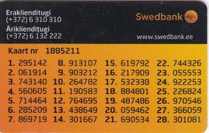 Bank Card: Internet Banking Code Card 2 (Swedbank, EstoniaCol:EE-GM-0095