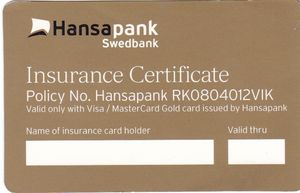 Bank Card: Incurance Certificate (Hansapank, EstoniaCol:EE-GM-0097