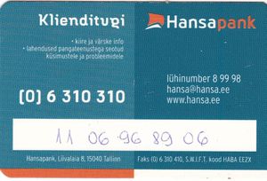 Bank Card: Account card - Klienditugi (Hansapank, EstoniaCol:EE-GM-0087.02