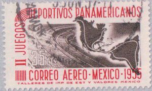 Stamp: Stadium part, map of America with route of the torch relay ...
