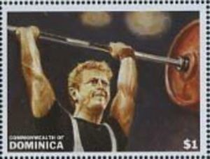Stamp: Isaac Berger lifting weights (Dominica) (Famous Athletes) Mi:DM ...