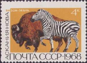 Stamp: American Bison (Bos bison), Plains Zebra (Equus quagga) (Soviet ...