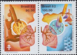 Stamp: Microscope, Bacillus, Syringe, Tablets and Lung (Brazil ...