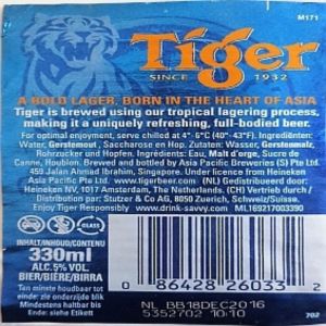 Drink Label: Tiger Lager Beer (Asia Pacific Breweries Ltd ...