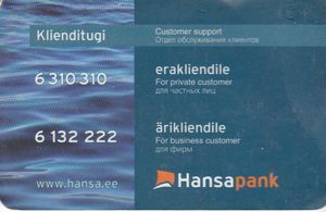 Bank Card: Hansapank Klienditugi (Hansapank, EstoniaCol:EE-GM-0102