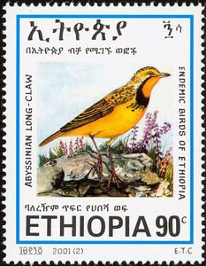 Stamp: Abyssinian Longclaw (Macronyx flavicollis) (Ethiopia(Birds 2001 ...
