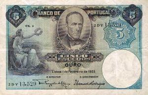 Billete de Banco: 5 Escudos (Portugal(1913-1923 Regular Issue) Wor:P ...