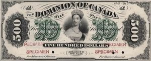 Banknote: 500 Dollars (Canada(1871 Issue) Wor:P-14bs