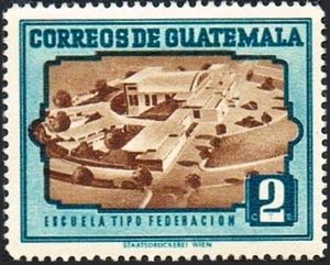 Stamp: Model of modern school (Guatemala(School Building Promotion) Mi ...