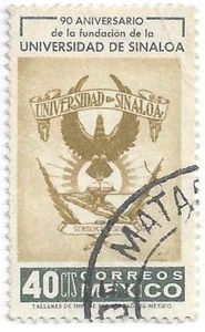 Stamp: Coat the University of Sinaloa with motto " Sursum Versus ...