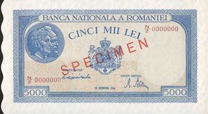 Banknote: 5,000 Lei (Romania(1943-1947 Issue) Wor:P-56s