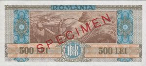 Banknote: 500 Lei (Romania(1947 First Issue) Wor:P-63s.2