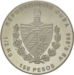 Coin: 150 Pesos (Multicolored Cuban Trogon) (Cuba) (1996 - Protection ...