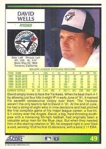 Sports Card: #49 David Wells (1992) (Baseball, Canada(1992 Score) Col ...