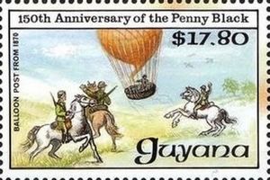 Stamp: Balloon post (Guyana) (150th Anniversary of the Penny Black) Mi ...