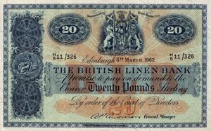 Banknote: 20 Pounds Sterling (Scotland(British Linen Bank (1961-1962 ...