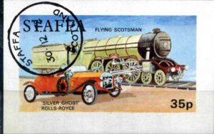 Stamp: Flying Scotsman / "Silver Ghost" Rolls-Royce (Scotland, Staffa ...